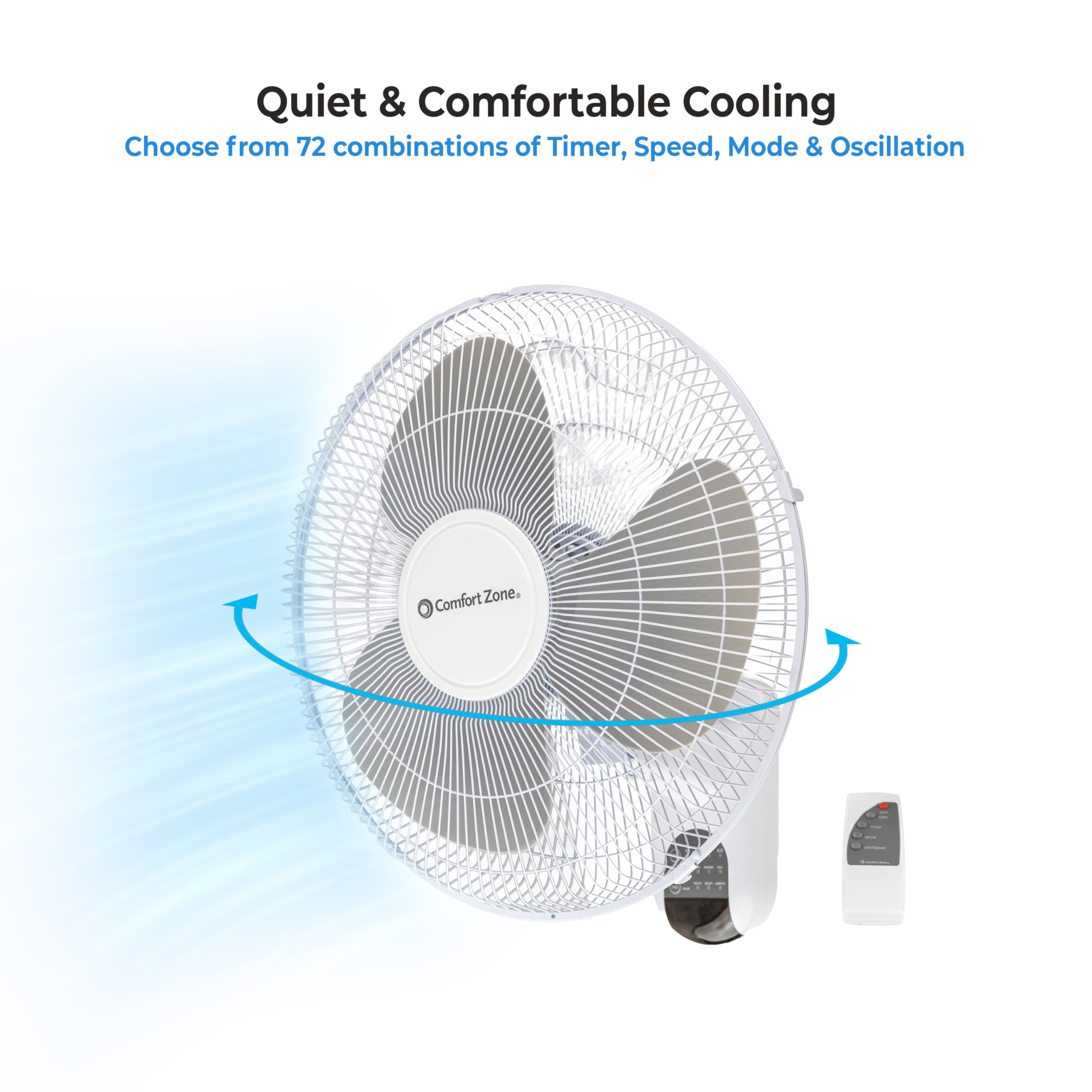 Comfort Zone CZ16WR Wall Mount Fan, w/Remote, White
