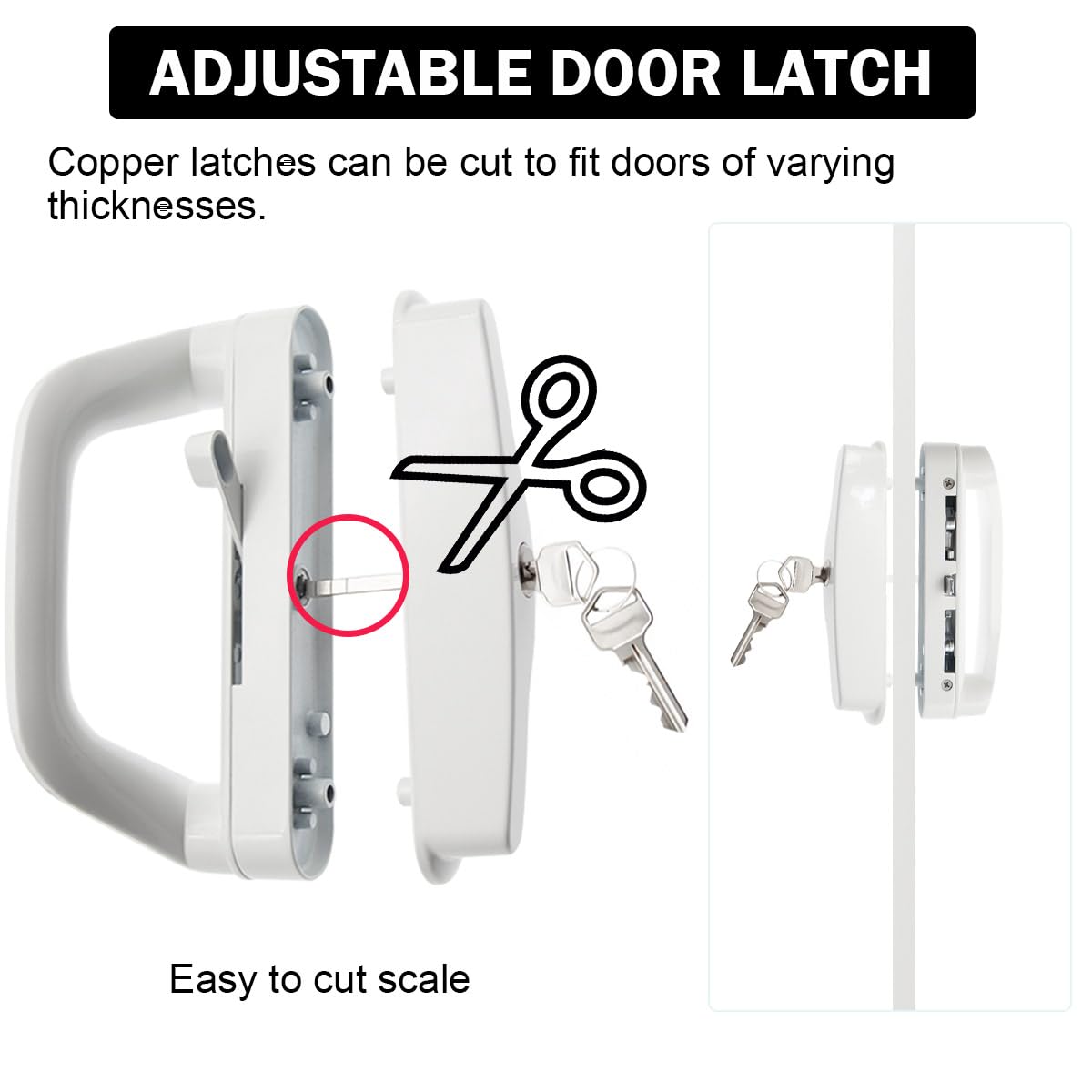 Sliding Patio Door Handle Set with Key and Mortise Lock ,(White ) Replacement Glass Sliding Door Lock Thickness from 0.75in to 1.4in, 4-15/16" Screw Hole Spacing,Reversible Design,Keyed,Lock Outside