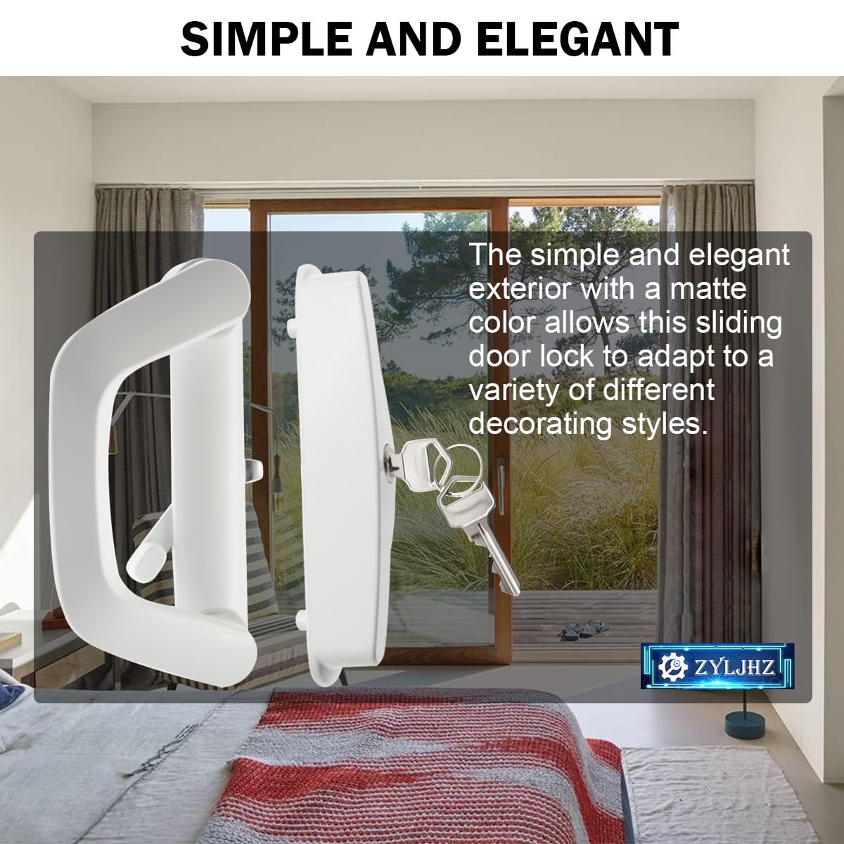 Sliding Patio Door Handle Set with Key and Mortise Lock ,(White ) Replacement Glass Sliding Door Lock Thickness from 0.75in to 1.4in, 4-15/16" Screw Hole Spacing,Reversible Design,Keyed,Lock Outside