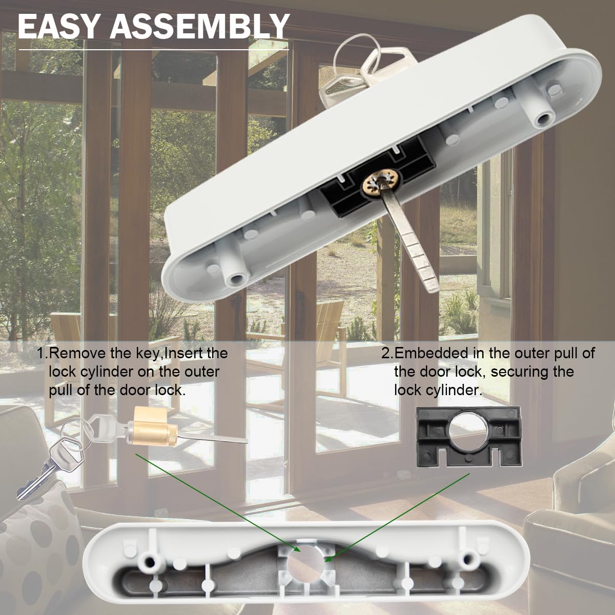 Sliding Patio Door Handle Set with Key and Mortise Lock ,(White ) Replacement Glass Sliding Door Lock Thickness from 0.75in to 1.4in, 4-15/16" Screw Hole Spacing,Reversible Design,Keyed,Lock Outside