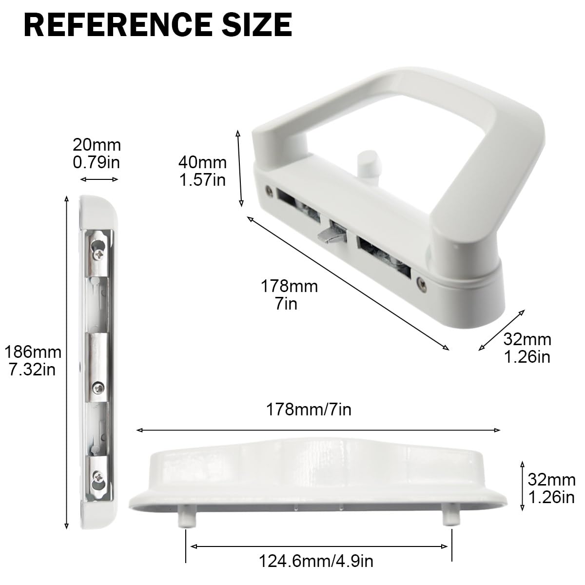 Sliding Patio Door Handle Set with Key and Mortise Lock ,(White ) Replacement Glass Sliding Door Lock Thickness from 0.75in to 1.4in, 4-15/16" Screw Hole Spacing,Reversible Design,Keyed,Lock Outside