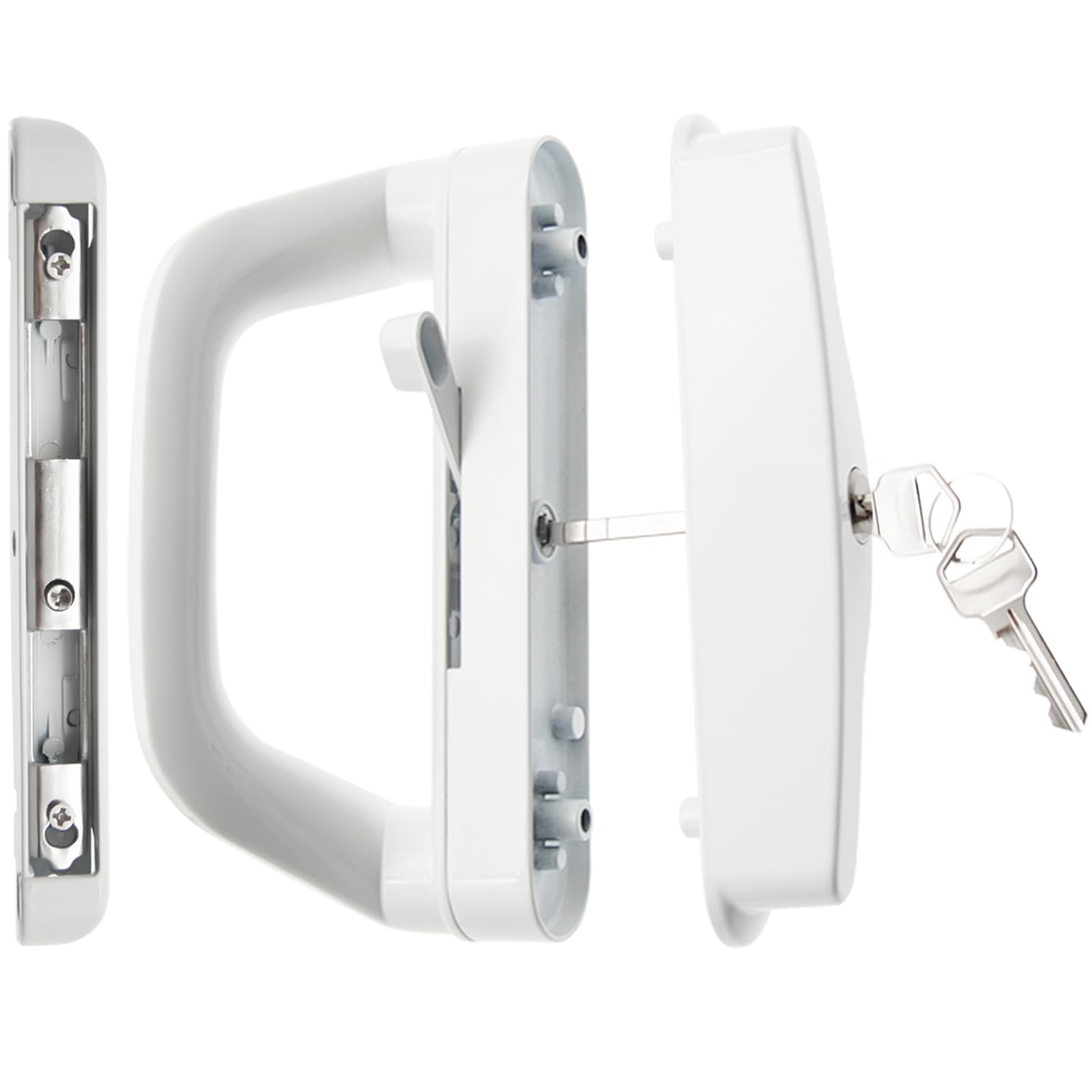 Sliding Patio Door Handle Set with Key and Mortise Lock ,(White ) Replacement Glass Sliding Door Lock Thickness from 0.75in to 1.4in, 4-15/16" Screw Hole Spacing,Reversible Design,Keyed,Lock Outside