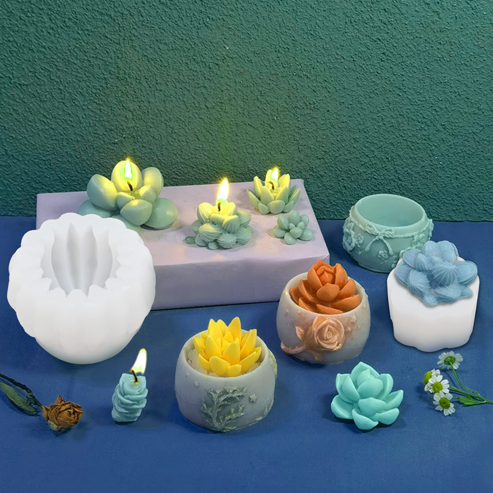 HOMYCOCO Succulent Silicone Mold, 9PCS Candle Mold for Candle Making,3D Succulent Resin Mold,Plant Flower Wax Candle Soap Silicone Mold…