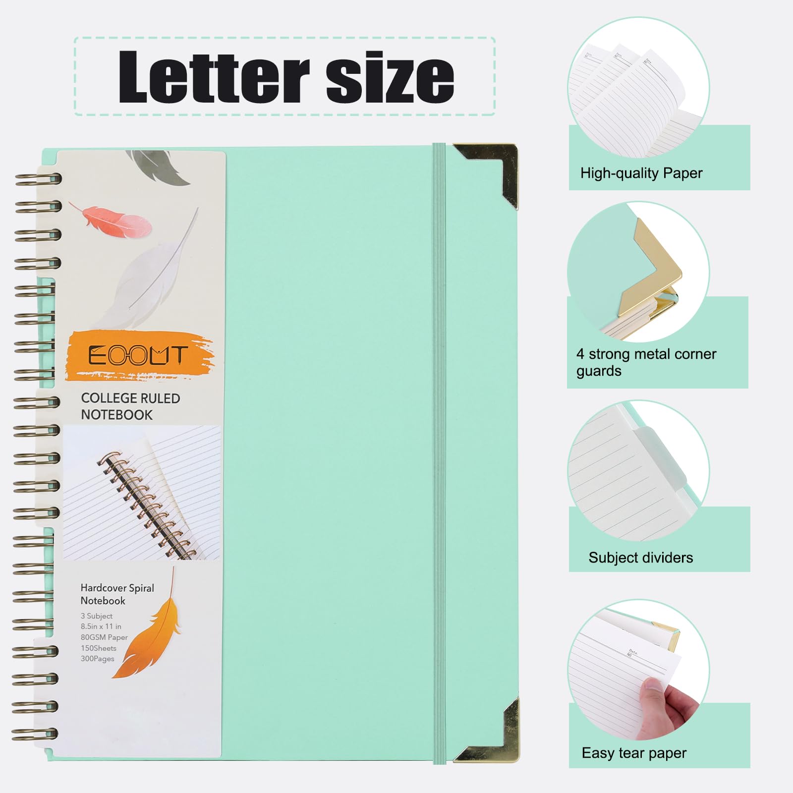 EOOUT Spiral Notebook 8.5” x 11” College Ruled Notebook Journal, A4 Hardcover Cute Notebook for Women 300 Pages 3 Subject for Work School Supplies