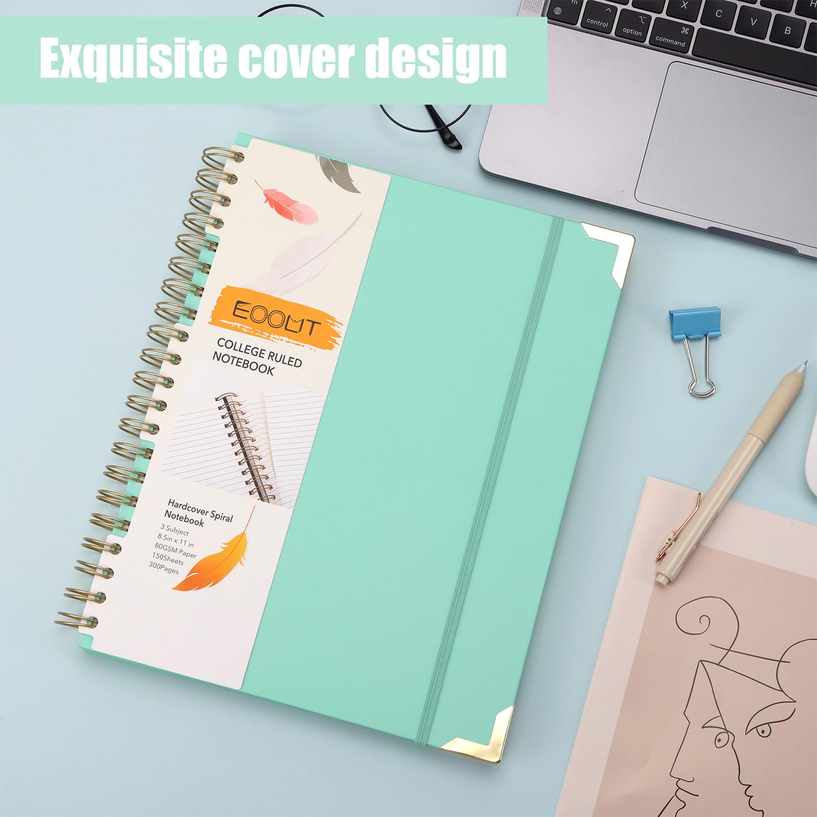 EOOUT Spiral Notebook 8.5” x 11” College Ruled Notebook Journal, A4 Hardcover Cute Notebook for Women 300 Pages 3 Subject for Work School Supplies