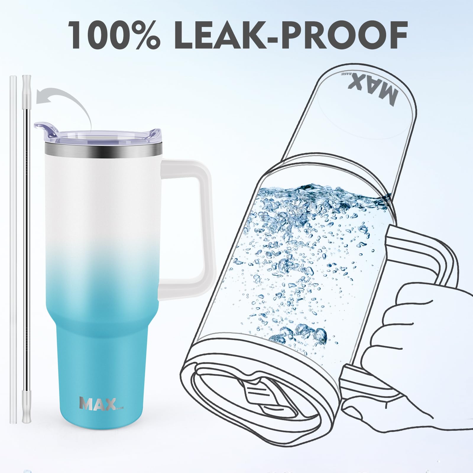 MaxBase 40 Oz Tumbler with Handle and Straw Lid, Insulated Reusable Stainless Steel Travel Mug Keeps Drinks Cold up to 34 Hours, 100% Leakproof Bottle (WhiteBlue)