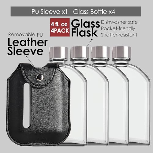 Delove Small Modern Glass Hip Flask with Removable Leather Sleeve - Durable Whiskey Flask for Men & Women - Leather Glass Flask for Liquor & Spirits,Wine (4oz x 4, Black)