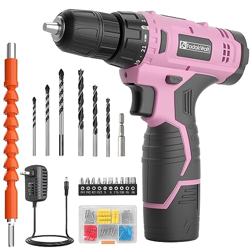 FADAKWALT Cordless Drill Set,12V Power Drill Set with Battery and Charger, compact Driver/Drill Bits, 3/8'' Keyless Chuck,21+1 Torque Setting, 180 inch-lbs, with LED Electric Drill Set(pale Pink)