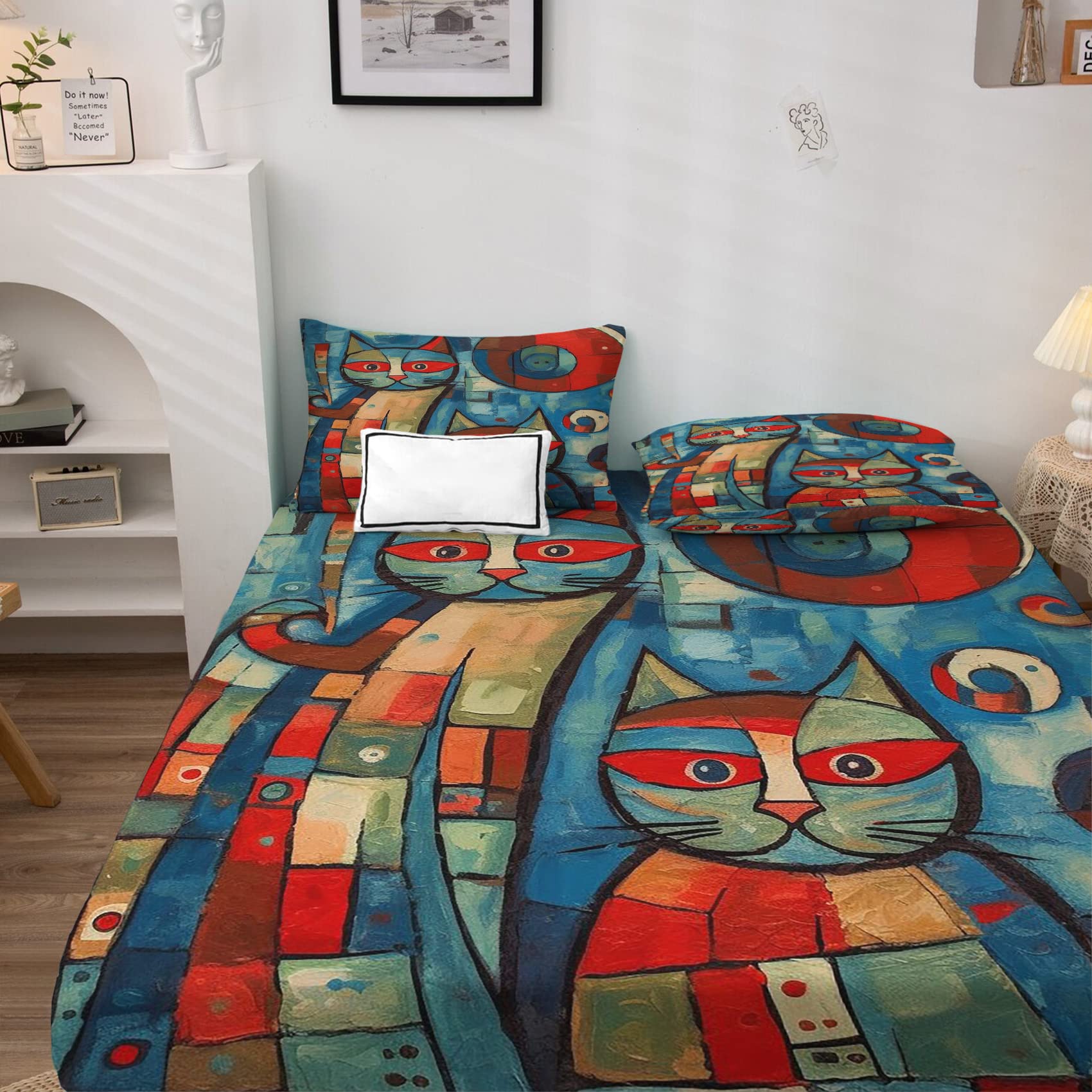 Cat Sheets Full Size, Oil Painting Bed Sheets, Patterned Bedding Sheets & Pillowcases 4 Piece Set - Soft Microfiber Deep Pocket Fitted Sheet & Flat Sheet & 2 Pillow Cases P3&-284
