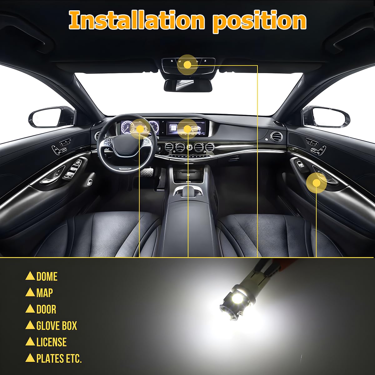 HIPOPY 42 Pcs Car LED Lights Kit, Auto Interior Bulbs Set, 6000K 12V T10 For Accessory, Brake, License Plate, Map, Parking Lights
