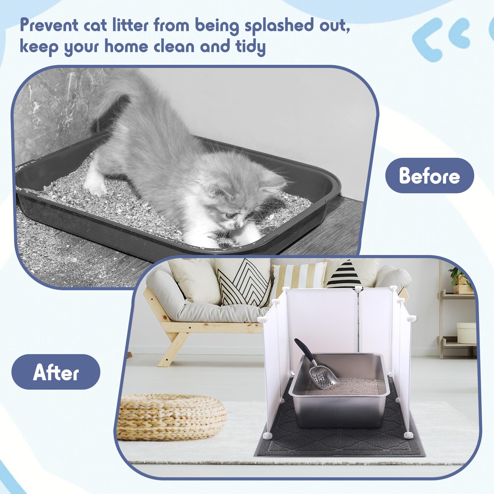 Tioncy 2 Set Stainless Steel Cats Litter Box Extra Large Metal with 2 Scoop, 12 Splash Guard and 2 Mat, Never Absorbs Odor, Easy Clean, 23.6 x 15.7 x 5.9 Inches
