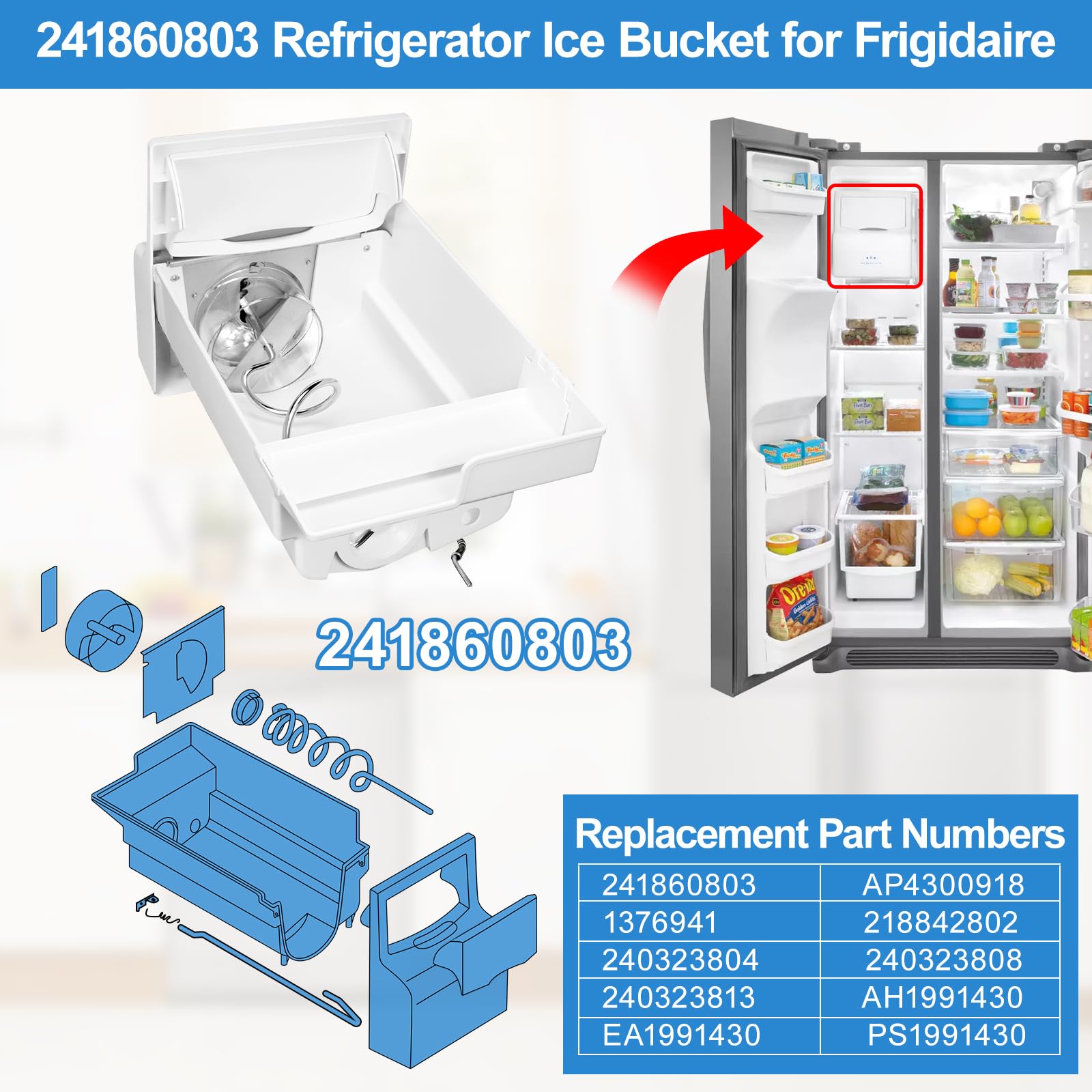 Upgraded 241860803 Refrigerator Ice Bucket Compatible with Frigidaire Ice Maker Replacement Ice Bin Container Auger Assembly AP4300918 LFSS2612TF0 FFSS2615TS0 FFHS2611PFEA LFSS2612TE0 Ice Maker Parts