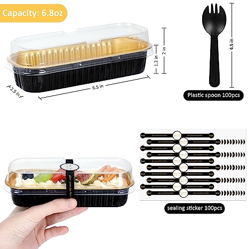 JuneHeart Mini Loaf Pans with Lids and Spoons, 100 Pack, Black, 6.8oz, Rectangular Aluminum Foil Baking Pans