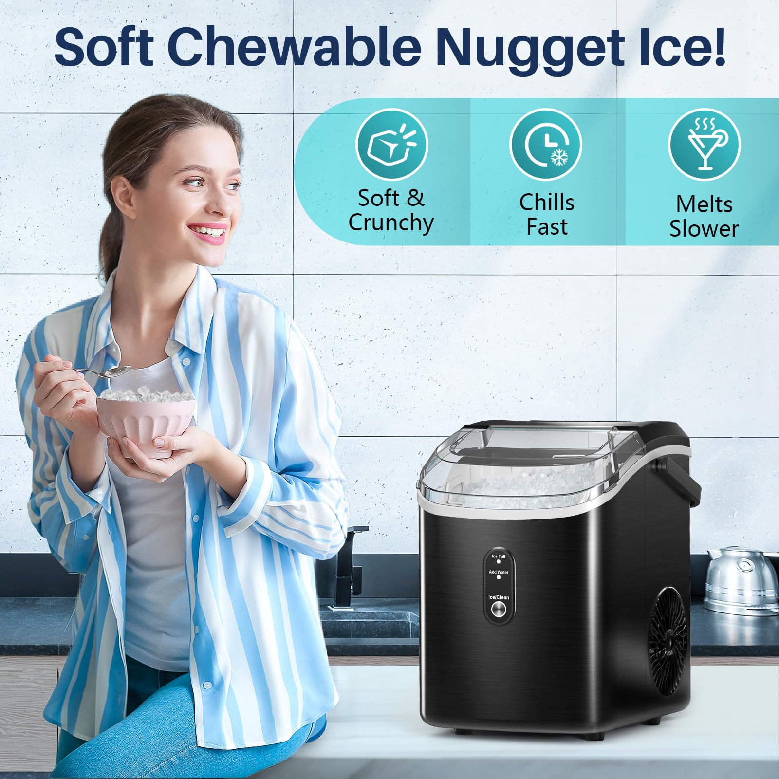 FREE VILLAGE Nugget Ice Maker Countertop, Pebble Machine with Soft Chewy Pellet Ice, 10,000pcs/33Lbs/Day, Self-Cleaning, Quiet & Easy to Us, Portable for Home Kitchen Bar Party Stainless Steel Black