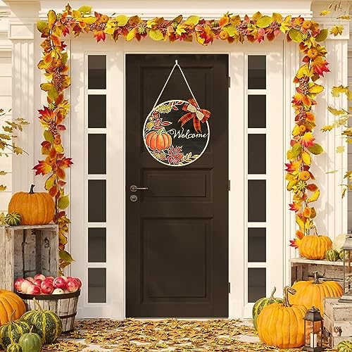 CHDITB Fall Decoration 3D Welcome Front Door Sign Home Decor(11.4”x11.4”), Pumpkin Welcome Sign with Maple Leaves Hazelnuts Plaid Bow, Thanksgiving Farmhouse Wreath for Front Door Porch Outdoor