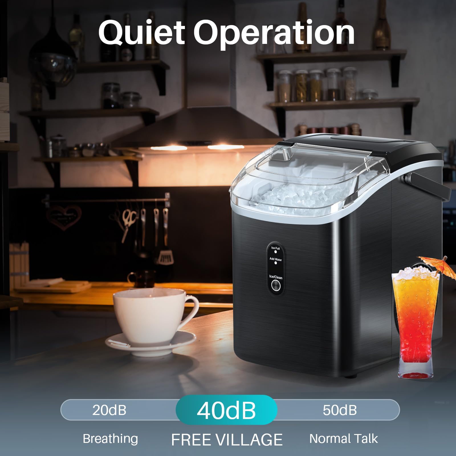 FREE VILLAGE Nugget Ice Maker Countertop, Pebble Machine with Soft Chewy Pellet Ice, 10,000pcs/33Lbs/Day, Self-Cleaning, Quiet & Easy to Us, Portable for Home Kitchen Bar Party Stainless Steel Black