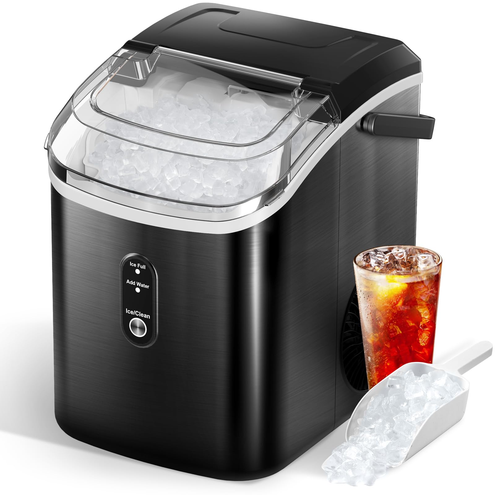 FREE VILLAGE Nugget Ice Maker Countertop, Pebble Machine with Soft Chewy Pellet Ice, 10,000pcs/33Lbs/Day, Self-Cleaning, Quiet & Easy to Us, Portable for Home Kitchen Bar Party Stainless Steel Black