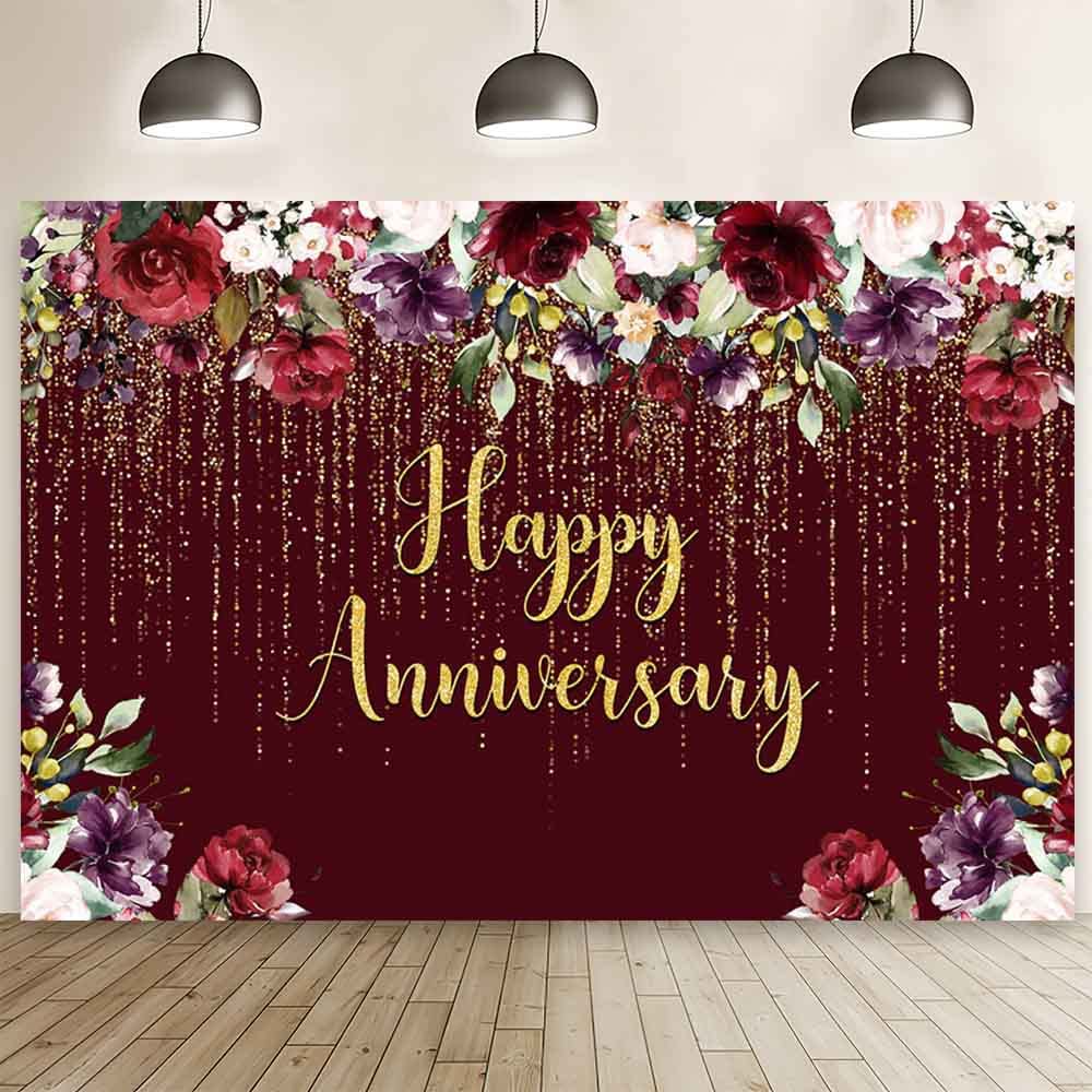 MEHOFOND 10x7ft Happy Anniversary Backdrop Gold Glitter Burgundy Wedding Anniversary Photography Background Couple Wedding Women Birthday Floral Party Decoration Cake Smash Decor Studio Photo Backdrop