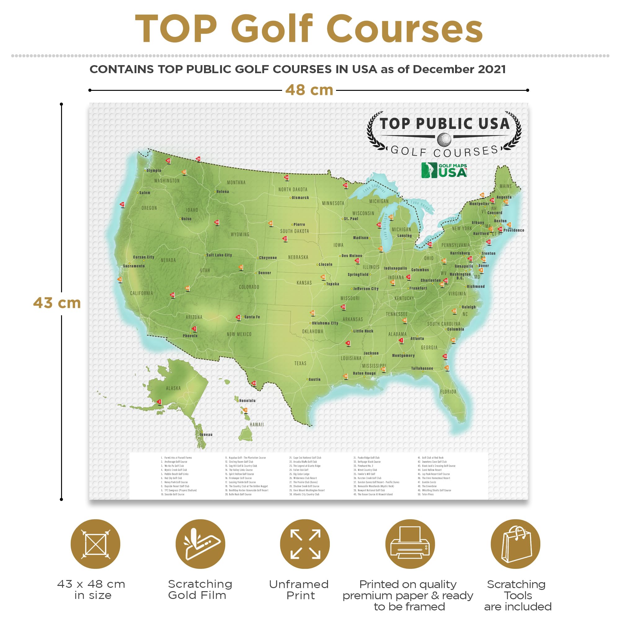 Golf Maps USA Top Public Golf Course in Each State Golf Scratch Map - Scratch-Off Golf Print with Eye-Catching Red Flags - Golfing Wall Decor - Unique Poster Gift for Golfers (Updated June 2023)