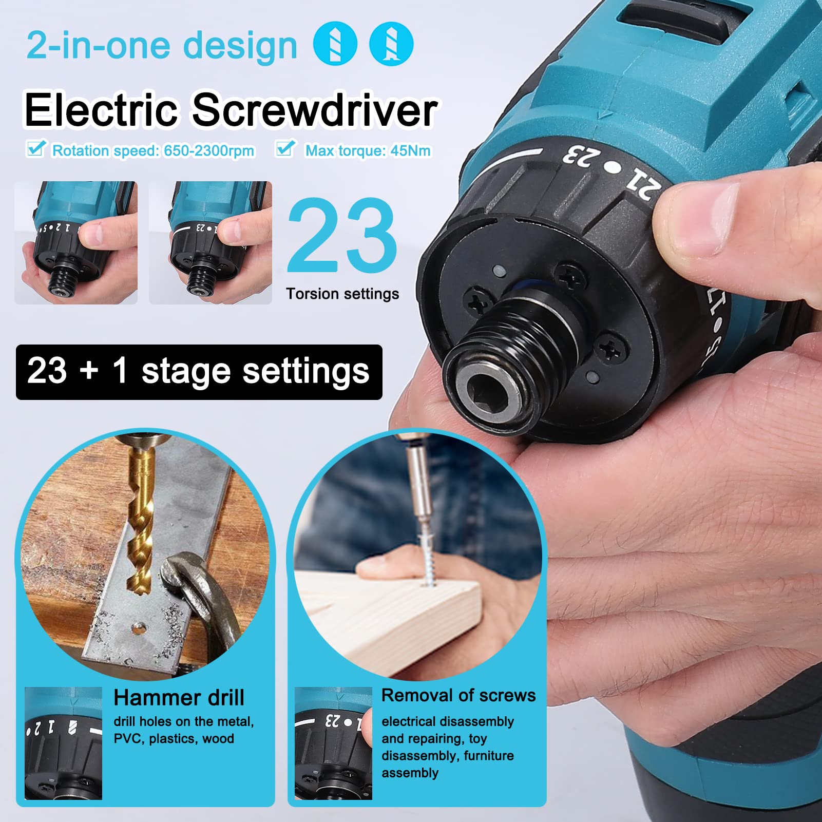 Cordless Screwdriver, Weytoll 18V Electric Screwdriver, Brushless Lithium Screwdriver tool kit, Electric Screw Driver with Torque Adjustable, 2 Speed Control for Mobilephones Computers Home Appliances