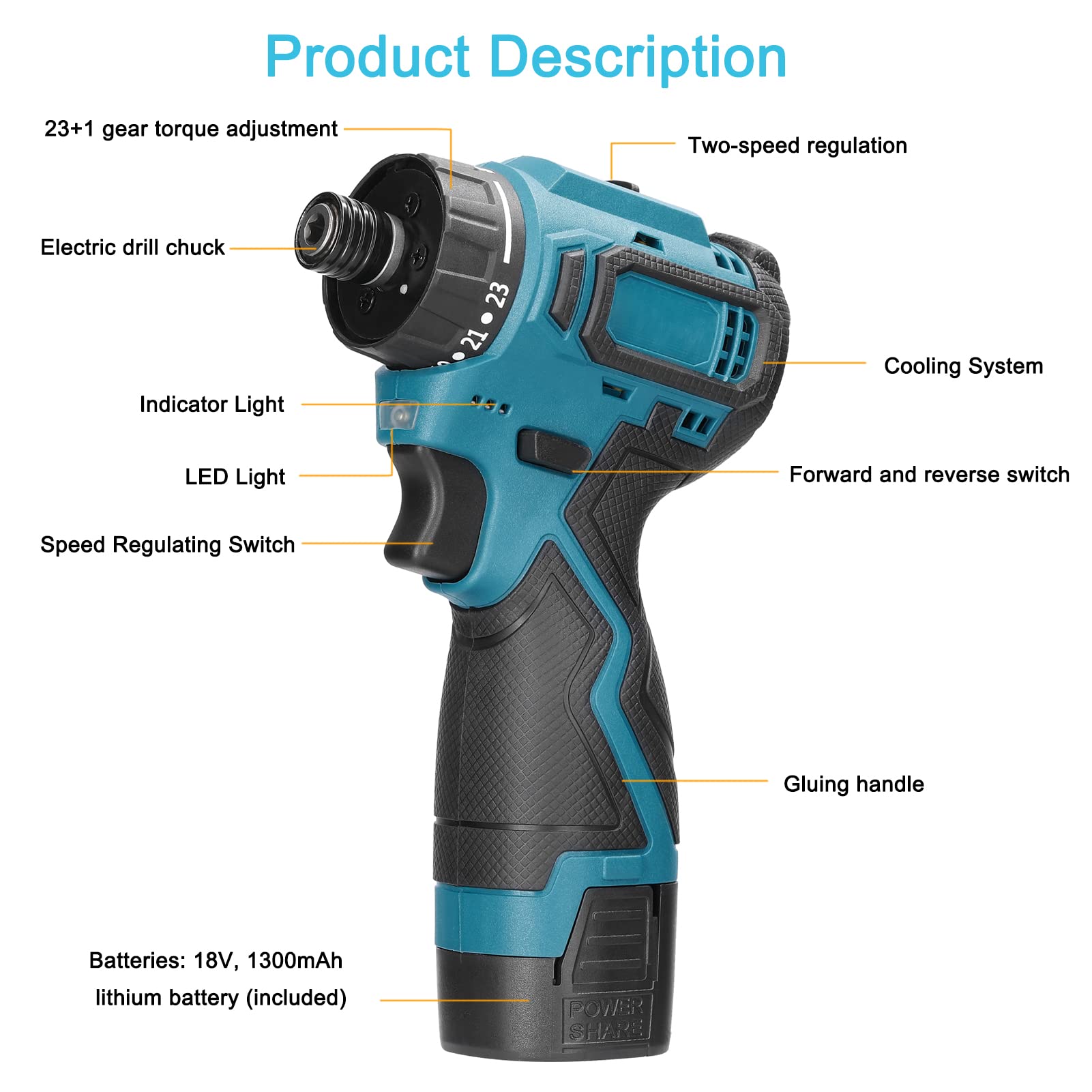 Cordless Screwdriver, Weytoll 18V Electric Screwdriver, Brushless Lithium Screwdriver tool kit, Electric Screw Driver with Torque Adjustable, 2 Speed Control for Mobilephones Computers Home Appliances