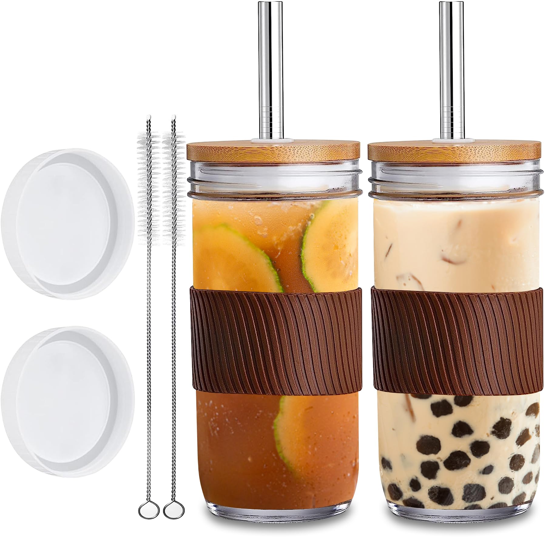 BamLue 2 Pack 24OZ Glass Cups with Lids and Metal Straws Iced Coffee Cups with Bamboo Lids, Cute Boba Cup with Non-slip Sleeve, Clear Drinking Glasses for Bubble Tea, Smoothies, Juices, Sauces