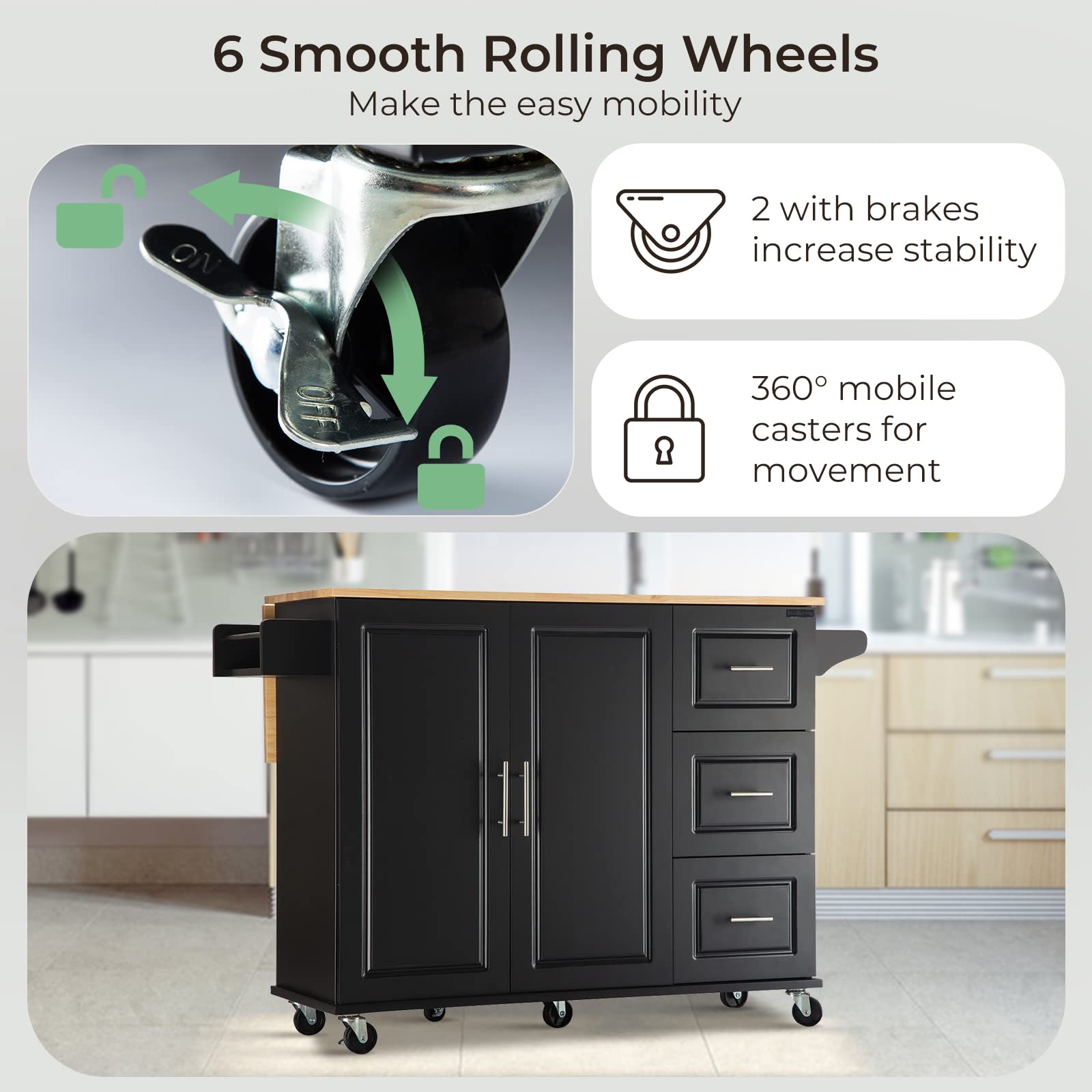 Unovivy Large Kitchen Island Cart with Drop Leaf, Kitchen Island with Storage, Rolling Kitchen Island with Adjustable Shelf Inside Cabinet, 3 Drawers, Spice Rack, Towel Rack and Wood Table Top