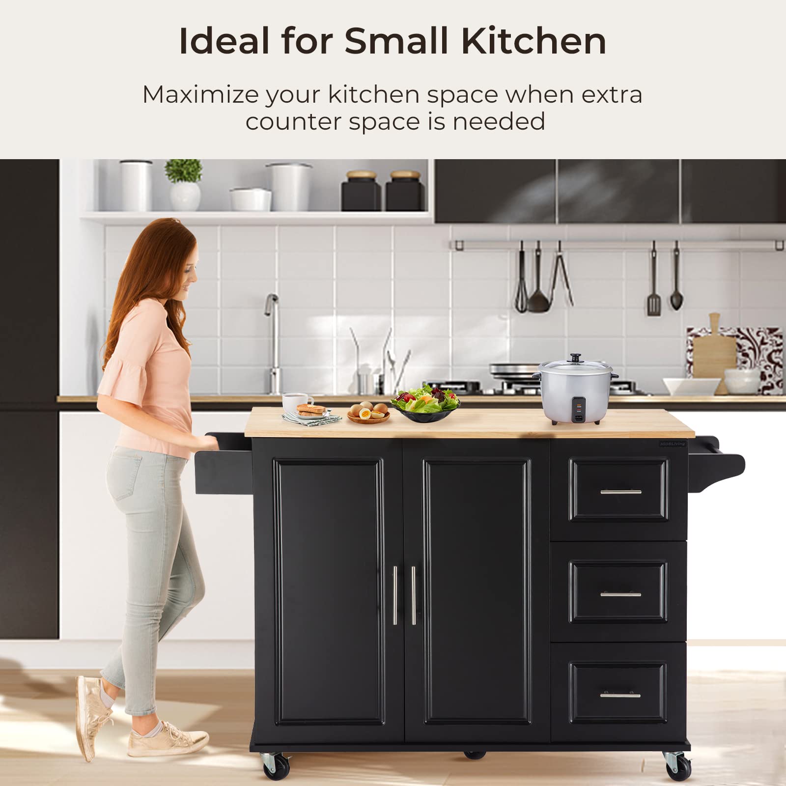 Unovivy Large Kitchen Island Cart with Drop Leaf, Kitchen Island with Storage, Rolling Kitchen Island with Adjustable Shelf Inside Cabinet, 3 Drawers, Spice Rack, Towel Rack and Wood Table Top
