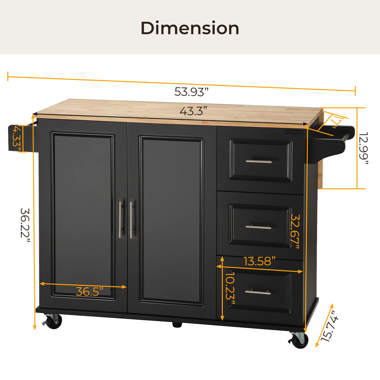Unovivy Large Kitchen Island Cart with Drop Leaf, Kitchen Island with Storage, Rolling Kitchen Island with Adjustable Shelf Inside Cabinet, 3 Drawers, Spice Rack, Towel Rack and Wood Table Top