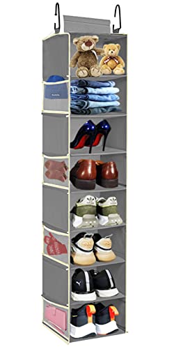 roomtalk Large-Sized Hanging Shoe Organizer 8-Shelves, Hanging Closet Clothes Organizer with 8 Side Pockets, Wider Hanging Shoe Shelves, Shoe Rack Closet, Shoe Hanger 9" W × 11.8" D× 48" H, Grey
