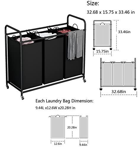 LINZINAR 3-Bag Laundry Sorter Laundry Hamper Cart with Heavy Duty Rolling Lockable Wheels and Removable Bags (Black)