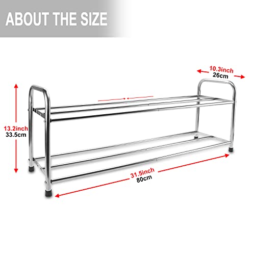JIYAO 2-Tier Ultra Long Shoes Rack Stainless Steel Shoe Storage Organizer Stackable 8-Pair Storage Shelf for Bedroom, Bathroom Closet, Entryway, Dorm Room, W 10.3 x L 31.5 x H 13.2 in (2-Tier)