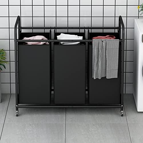 LINZINAR 3-Bag Laundry Sorter Laundry Hamper Cart with Heavy Duty Rolling Lockable Wheels and Removable Bags (Black)