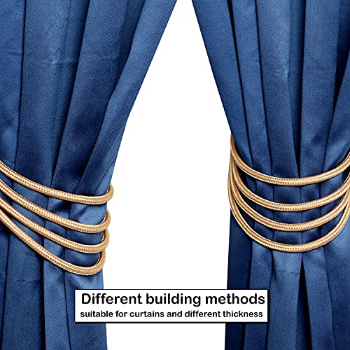 MALANOV Curtain 4 Strand Ropes Tiebacks Tie-Backs, Curtain Handmade Holdbacks, Polyester 4 Strand Cord Rope Tieback - Gold 2 Pack