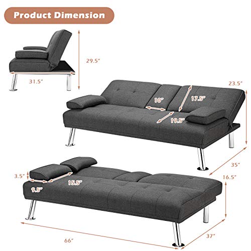 POWERSTONE Futon Sofa Bed Convertible Folding Sleeper Sofa with 2 Cup Holders Metal Legs Adjustable Pillows Recliner Modern Linen Living Room Couch (Grey)