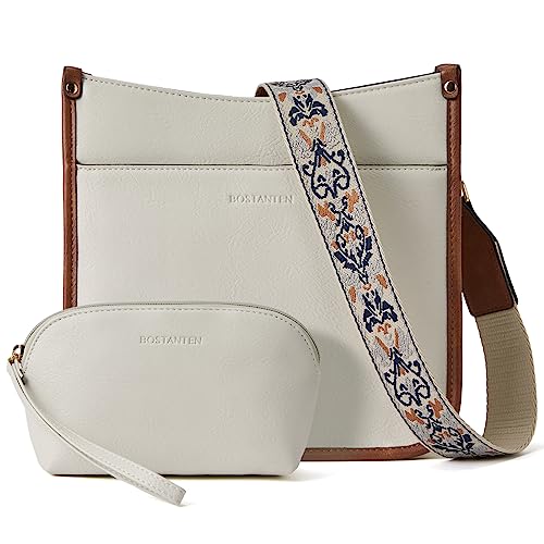 BOSTANTEN Crossbody Bags for Women 2PCS Vegan Leather Hobo Handbags Shoulder Purse with Adjustable Strap Beige Brown