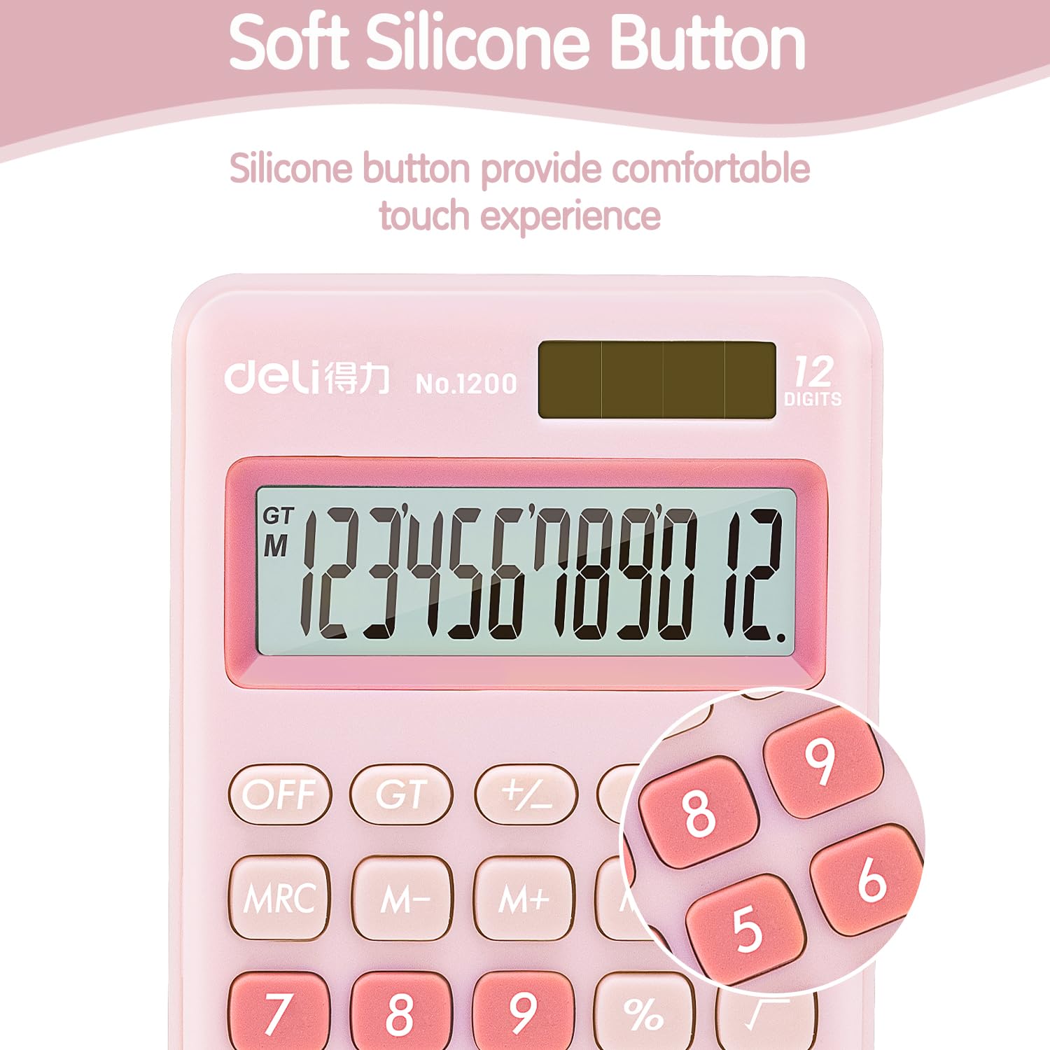 deli Standard Function Basic Calculator, 12 Digit Desktop Calculator with Large LCD Display, Solar Battery Dual Power Office Calculator, Pink