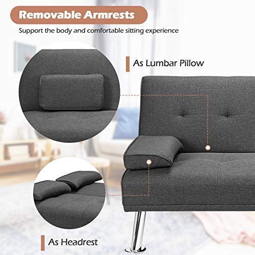 POWERSTONE Futon Sofa Bed Convertible Folding Sleeper Sofa with 2 Cup Holders Metal Legs Adjustable Pillows Recliner Modern Linen Living Room Couch (Grey)