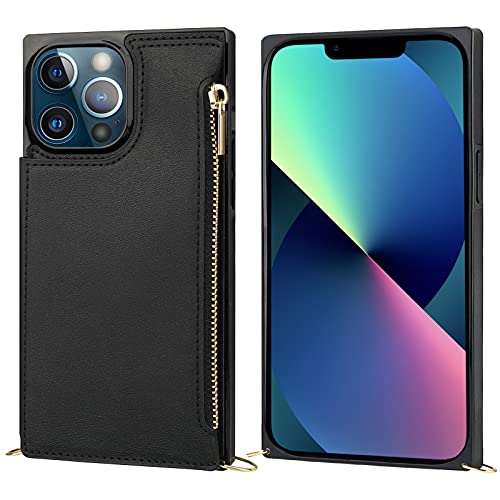 Bocasal Crossbody Wallet Case for iPhone 13 Pro Max with RFID Blocking Card Slot Holder, Magnetic Flip Folio Purse Case, PU Leather Zipper Handbag with Detachable Lanyard Strap 6.7 Inch 5G (Black)