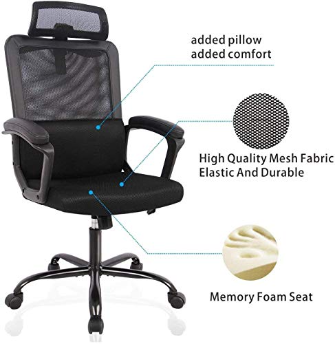 SMUG Office Ergonomic Mesh Home Headrest Computer Desk Chair, Black