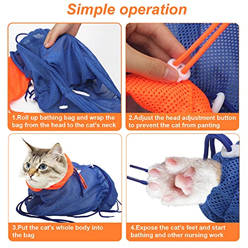 Catcan Cat Bathing Bag, Breathable Mesh Cat Shower Bag Anti Scratch Adjustable Cat Grooming Bag for Nail Trimming, Bathing Polyester Soft Cat Washing Bag (Blue-Orange)