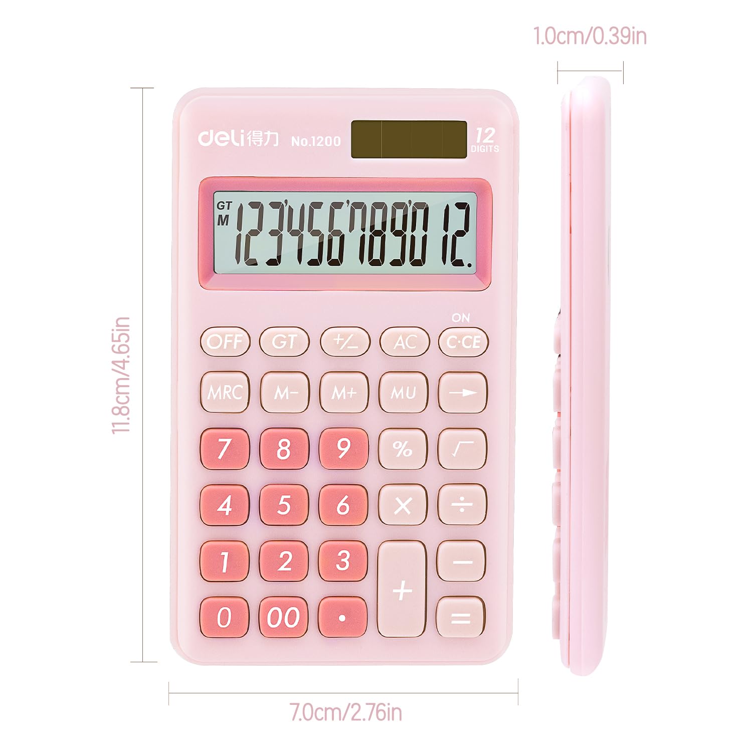 deli Standard Function Basic Calculator, 12 Digit Desktop Calculator with Large LCD Display, Solar Battery Dual Power Office Calculator, Pink