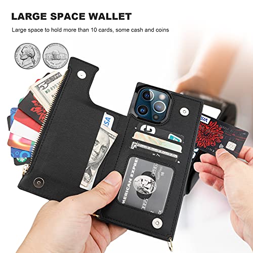 Bocasal Crossbody Wallet Case for iPhone 13 Pro Max with RFID Blocking Card Slot Holder, Magnetic Flip Folio Purse Case, PU Leather Zipper Handbag with Detachable Lanyard Strap 6.7 Inch 5G (Black)