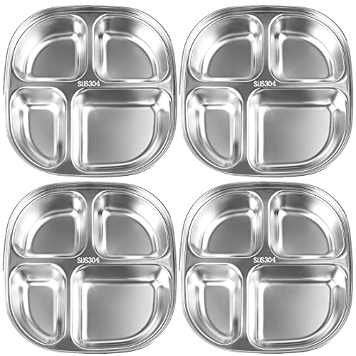 DEAYOU 4 Pack 18/10 Stainless Steel Divided Plates, Small Platter Compartment Tray with 4 Sections, Portion Control Serving Plate, Mess Food Sectioned Tray for Dinner, Lunch, Child, Cafeteria, 7.7"