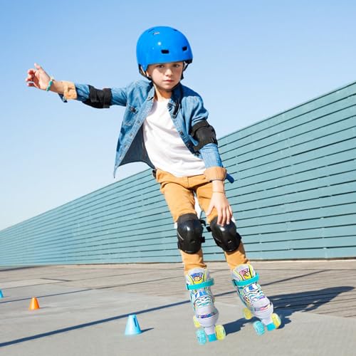 Kids Roller Skates with Light up Wheels 4 Sizes Adjustable Fun Illuminating Roller Skates for Toddler Kids Beginners Outdoor Skating with Hard-Shell Ankle Support (Blue, Large-(4Y-7Y))