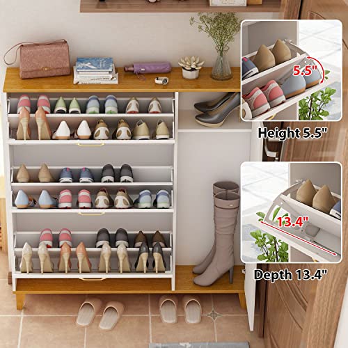 DiDuGo Modern Shoe Storage Cabinet with 3 Compartment & 1 Locker, Shoe Cabinet Organizer for Entryway White-Walnut (47.2”W x 9.5”D x 49.4”H)