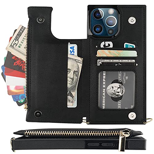 Bocasal Crossbody Wallet Case for iPhone 13 Pro Max with RFID Blocking Card Slot Holder, Magnetic Flip Folio Purse Case, PU Leather Zipper Handbag with Detachable Lanyard Strap 6.7 Inch 5G (Black)