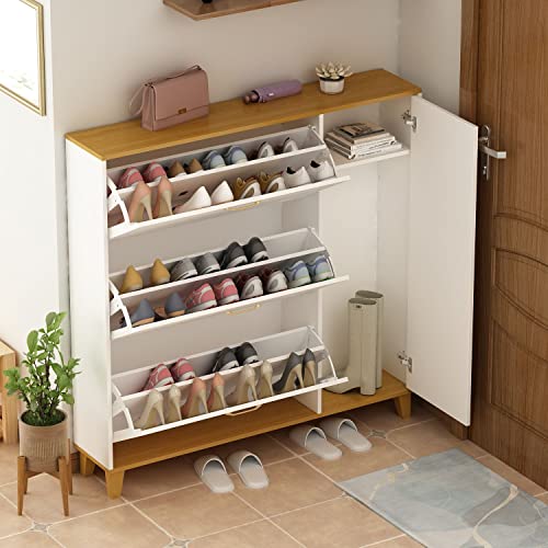 DiDuGo Modern Shoe Storage Cabinet with 3 Compartment & 1 Locker, Shoe Cabinet Organizer for Entryway White-Walnut (47.2”W x 9.5”D x 49.4”H)
