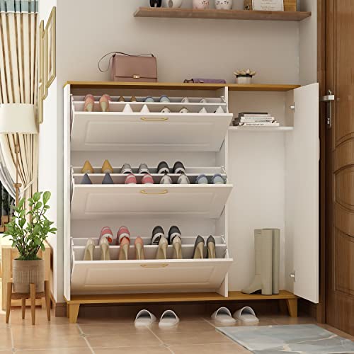 DiDuGo Modern Shoe Storage Cabinet with 3 Compartment & 1 Locker, Shoe Cabinet Organizer for Entryway White-Walnut (47.2”W x 9.5”D x 49.4”H)