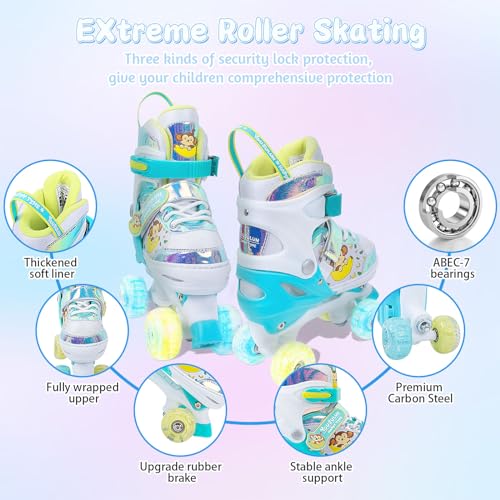 Kids Roller Skates with Light up Wheels 4 Sizes Adjustable Fun Illuminating Roller Skates for Toddler Kids Beginners Outdoor Skating with Hard-Shell Ankle Support (Blue, Large-(4Y-7Y))